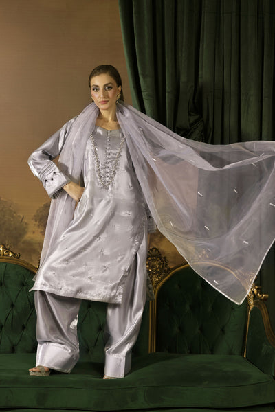 Silver Grey Embellished Silk Farshi Shalwar Suit - Farshi Bahaar by Mo ...