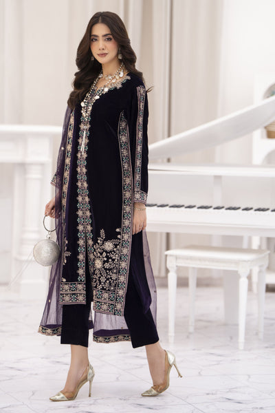 Makhmal by Gul Warun Deep Purple 3pc Velvet Embroidered Suit MBG9 – The ...
