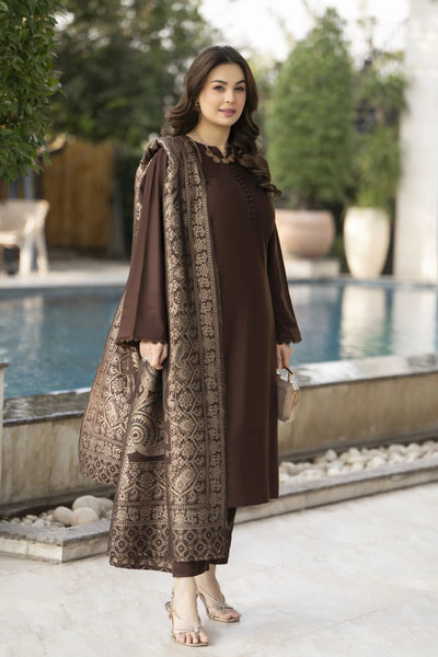 Chocolate Brown Dhanak Dress with Multani Winter Shawl by Gul Warun GS ...