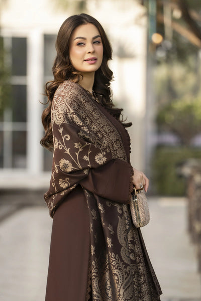 Chocolate Brown Dhanak Dress with Multani Winter Shawl by Gul Warun GS ...