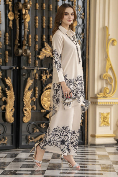 Daily Drapes by Mona – 3pc Raw Silk Printed co-ord set with Palazzo Pa ...