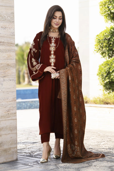 Aleezay KASHMÉ – Deep Rust Velvet 3pc Suit with Jacquard Shawl KA2 ...