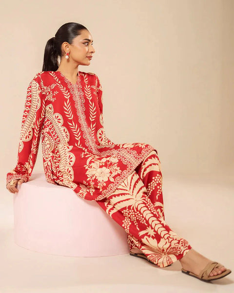 Everyday Luxe by Mona – Red & Beige Silk Lawn 2pc Co-Ord Set | MES5 ...